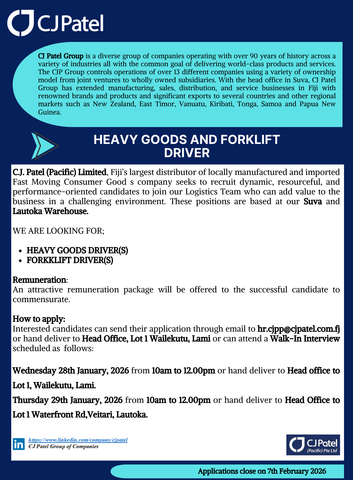 WALK-IN INTERVIEW - Heavy Goods & Forklift Driver | MyjobsFiji